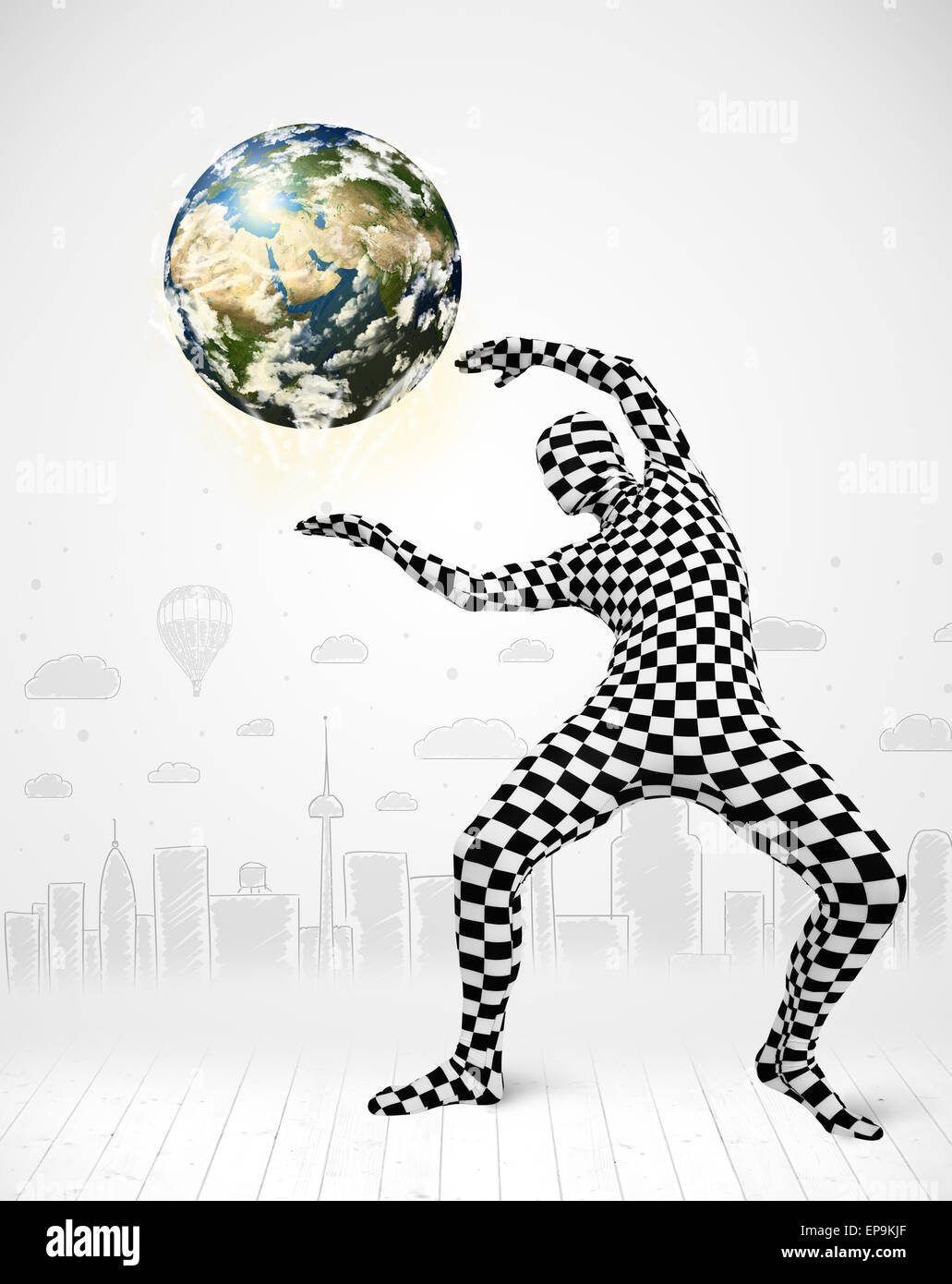 man in full body suit holding planet earth Stock Photo - Alamy