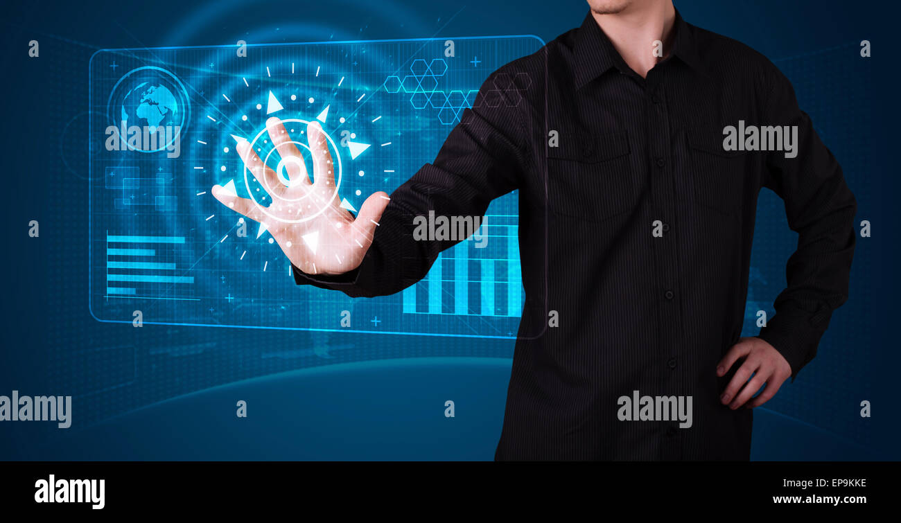 Businessman pressing high tech type of modern buttons Stock Photo - Alamy