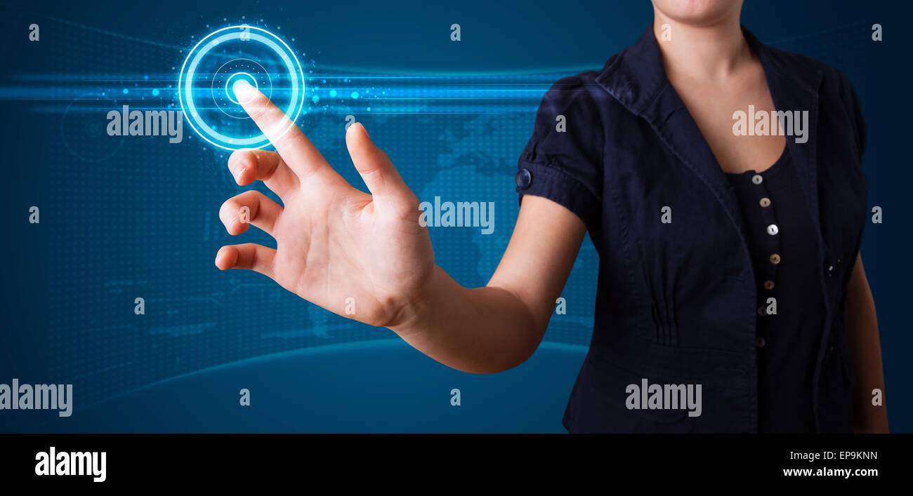 Woman pressing high tech type of modern buttons Stock Photo - Alamy