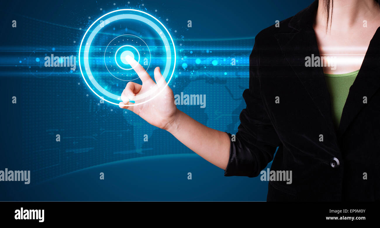 Woman pressing high tech type of modern buttons Stock Photo - Alamy