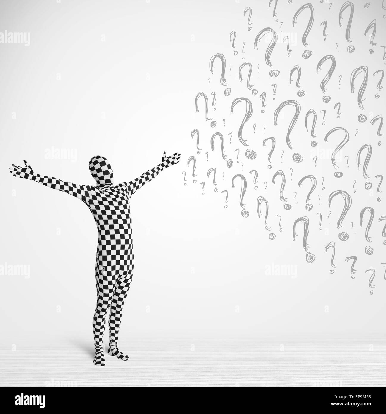 3d human character is body suit looking at hand drawn question marks ...