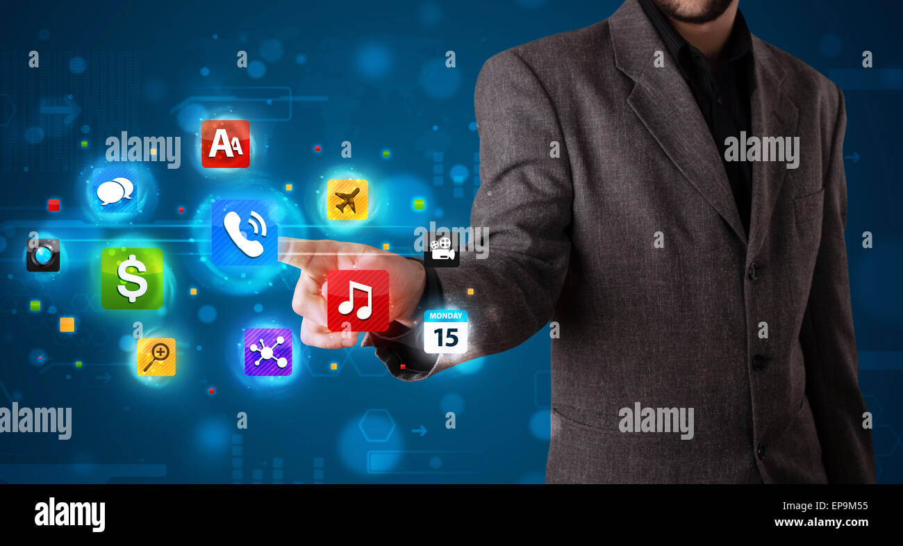 Businessman pressing various collection of buttons Stock Photo - Alamy