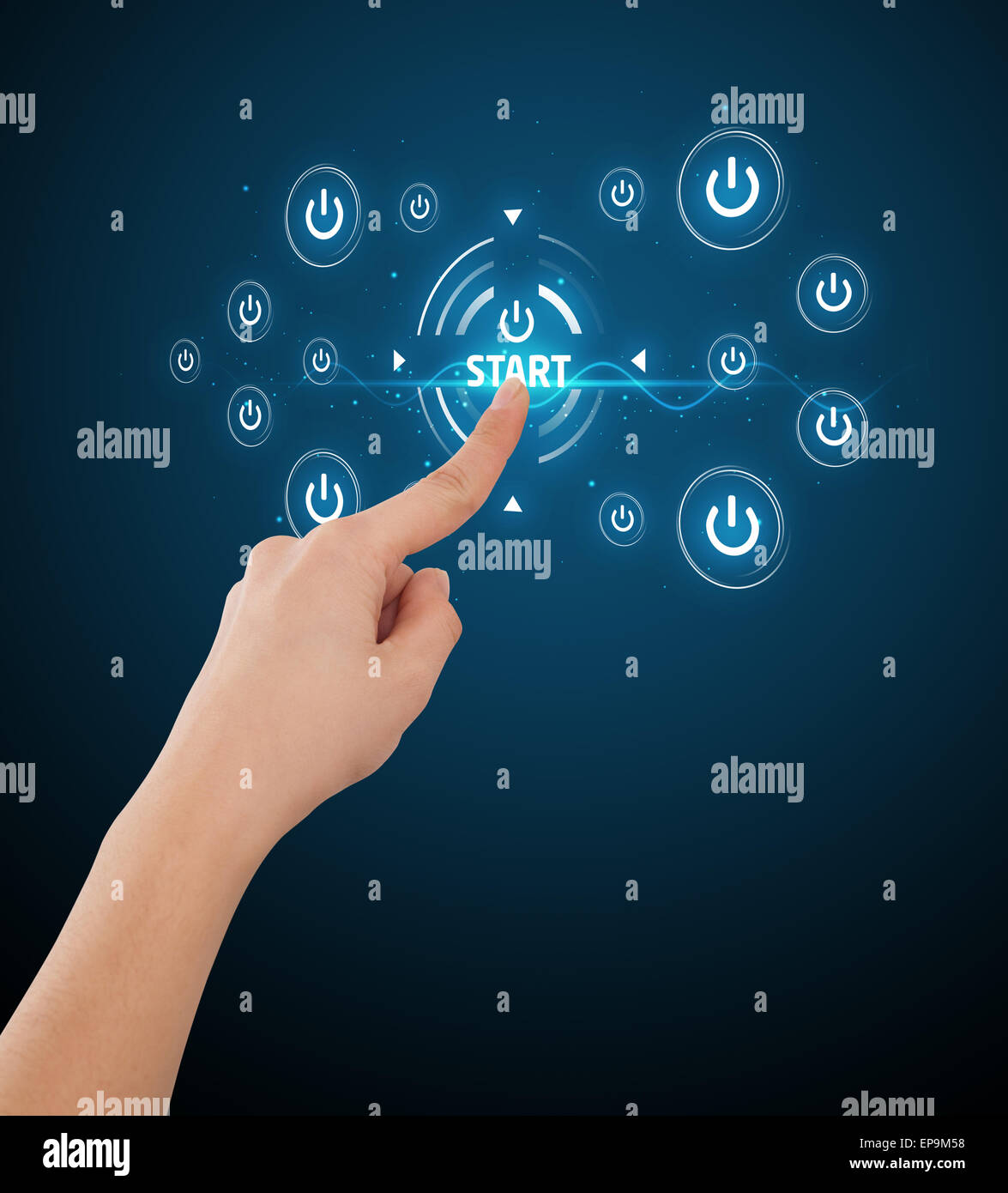 Businessman pressing simple type of start buttons Stock Photo - Alamy