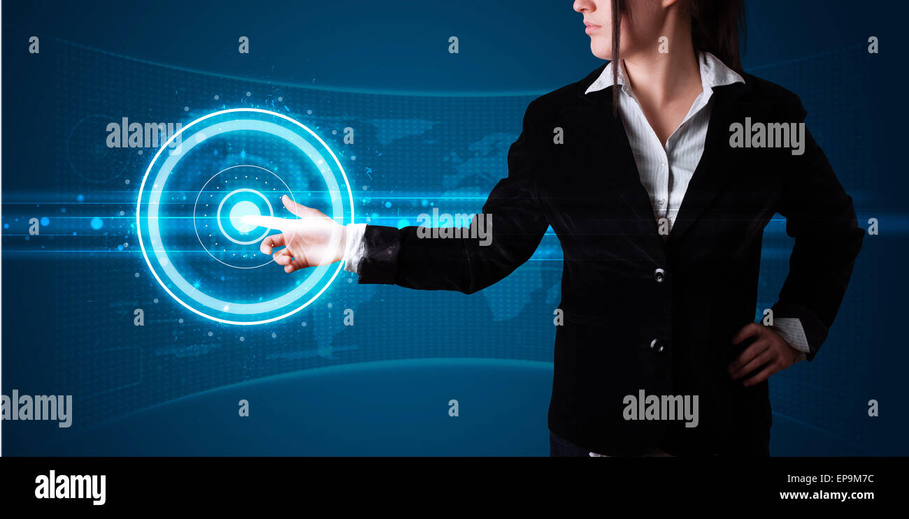 Woman pressing high tech type of modern buttons Stock Photo - Alamy