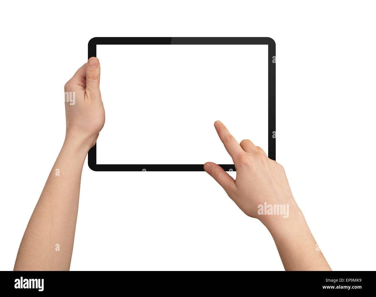 a male hand holding a touchpad pc, one finger touches the screen Stock ...