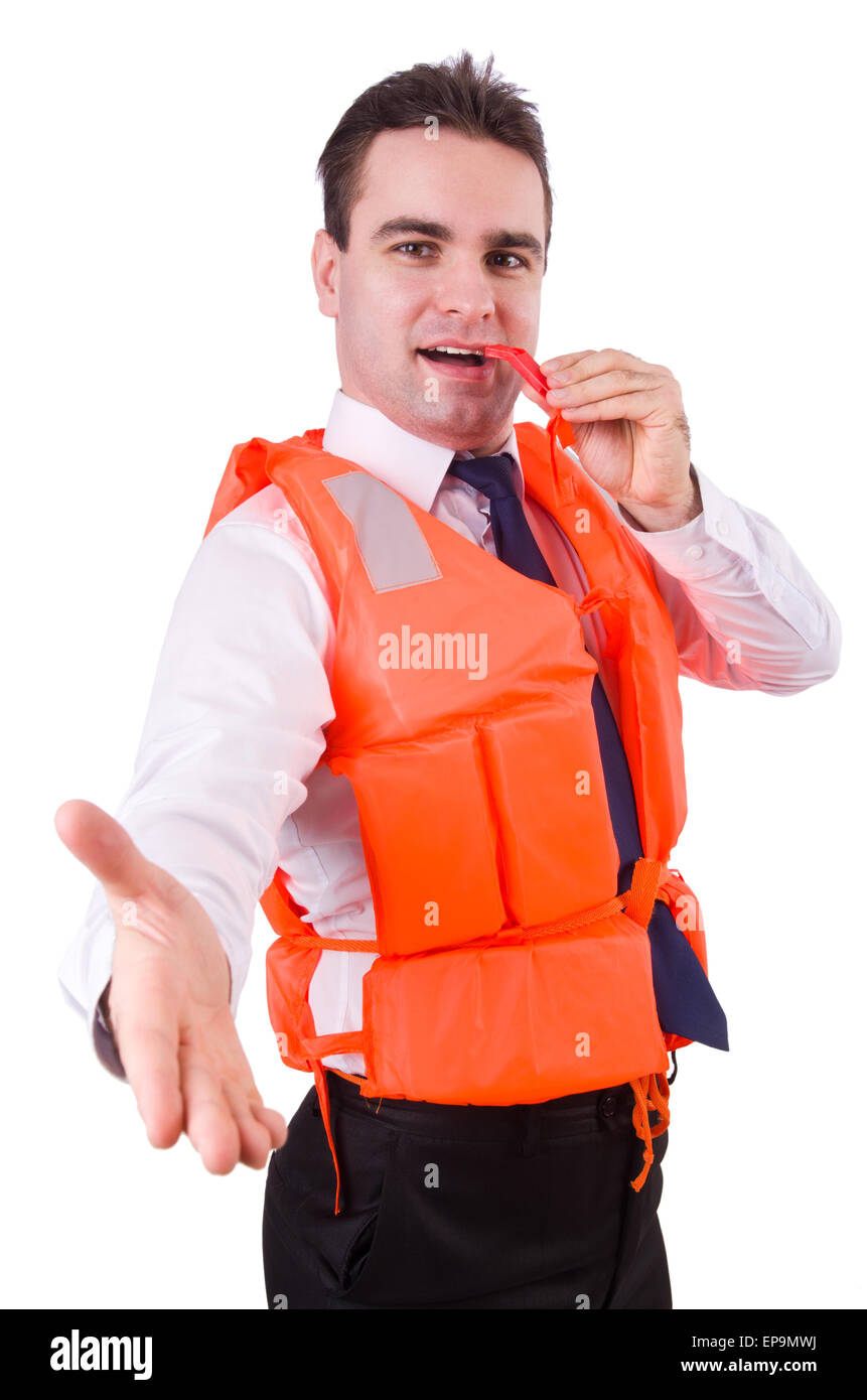 Man in life jacket isolated on white Stock Photo - Alamy