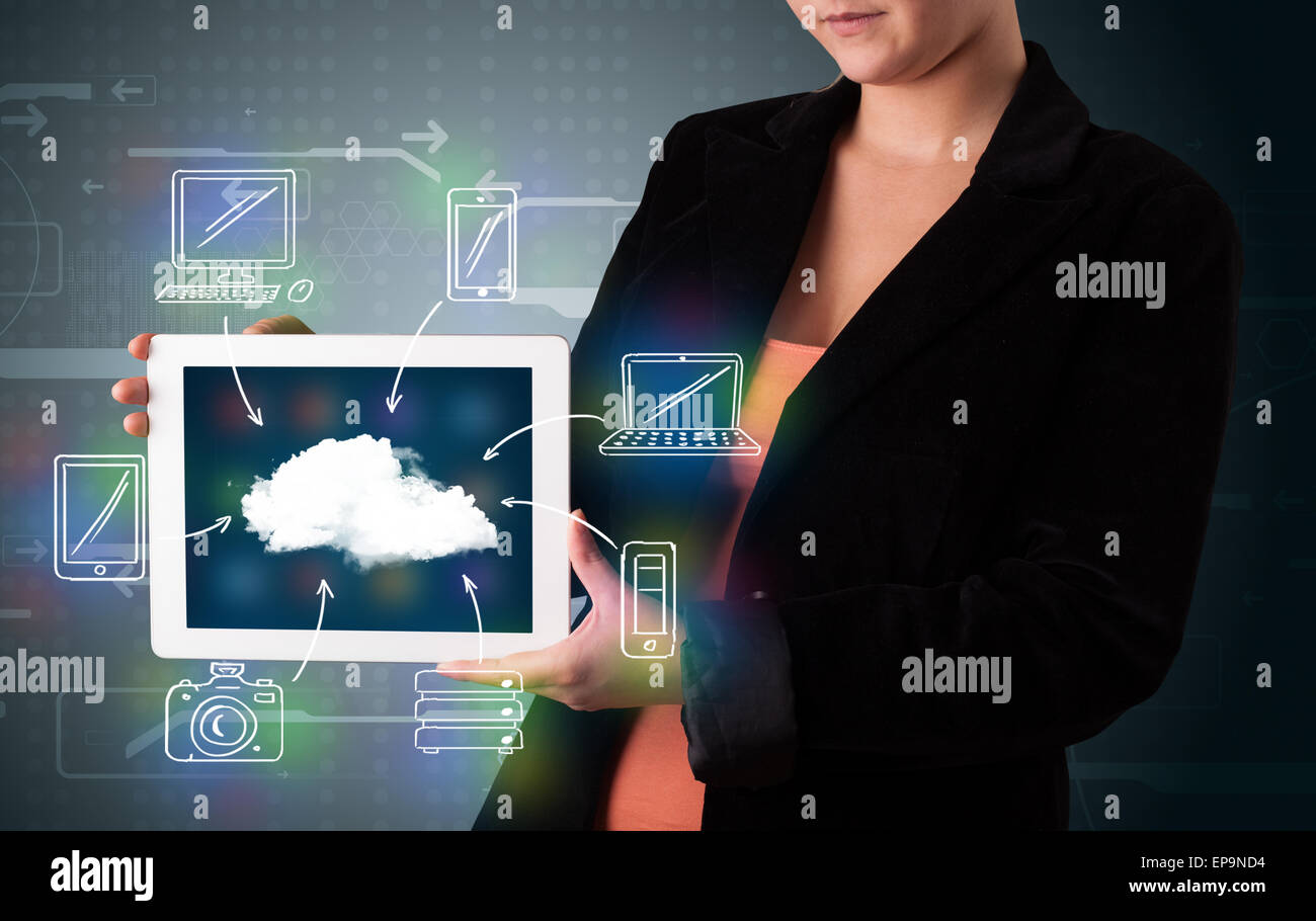 Woman showing hand drawn cloud computing Stock Photo - Alamy