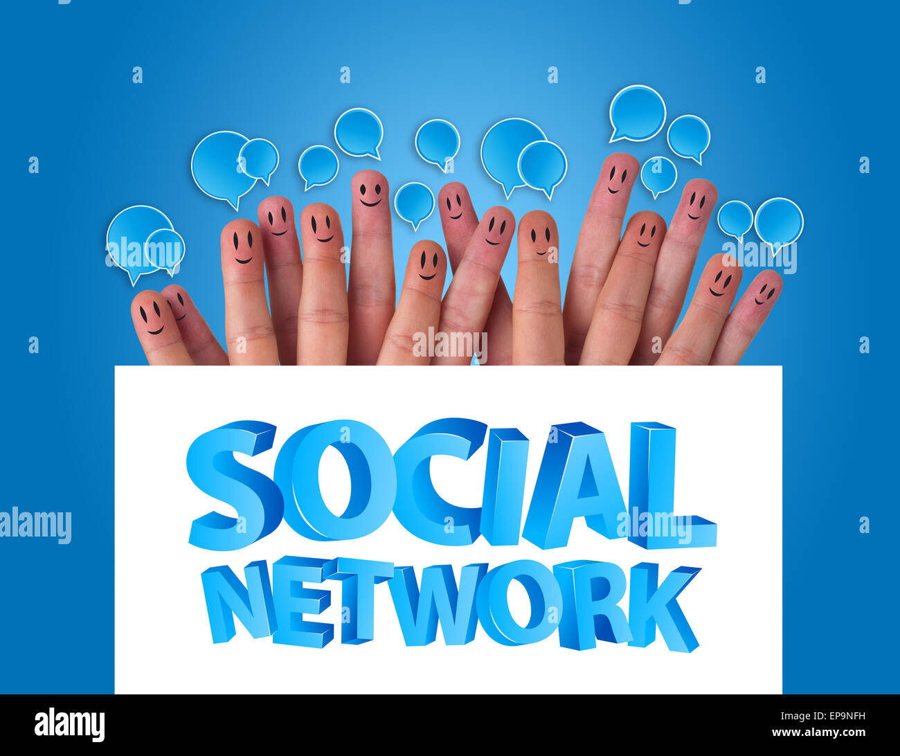 group of finger smileys holding whiteboard with social network sign ...