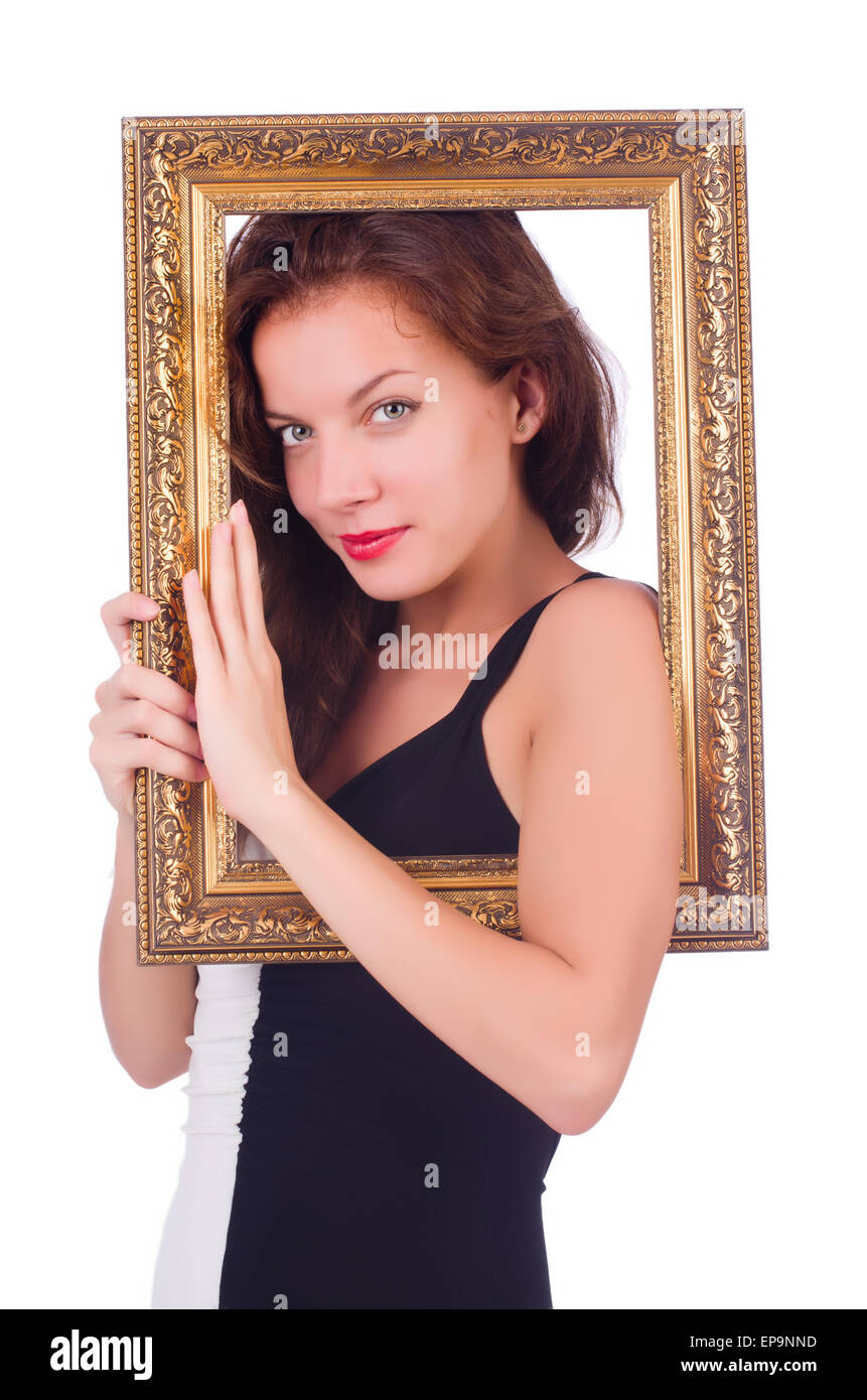 Woman with picture frame on white Stock Photo - Alamy