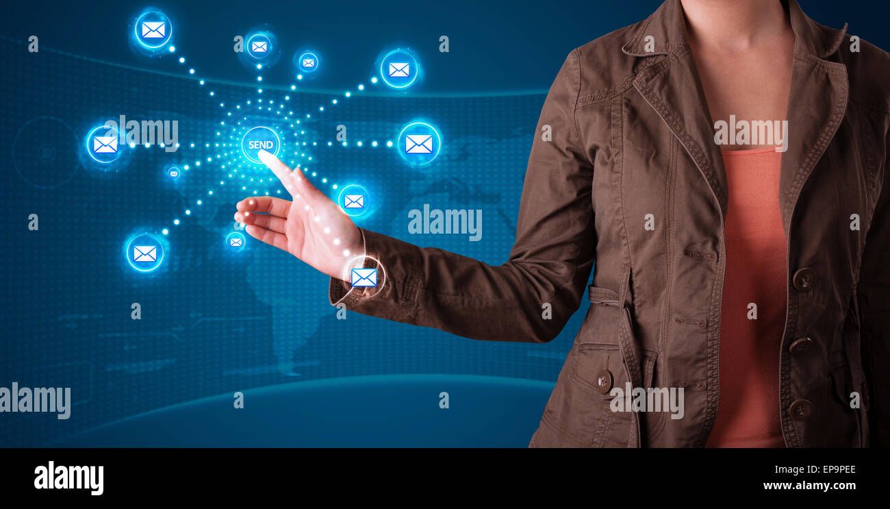 Woman pressing virtual messaging type of icons Stock Photo - Alamy