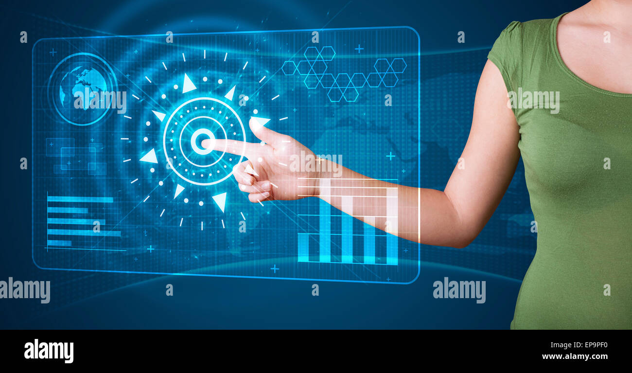 Woman pressing high tech type of modern buttons Stock Photo - Alamy