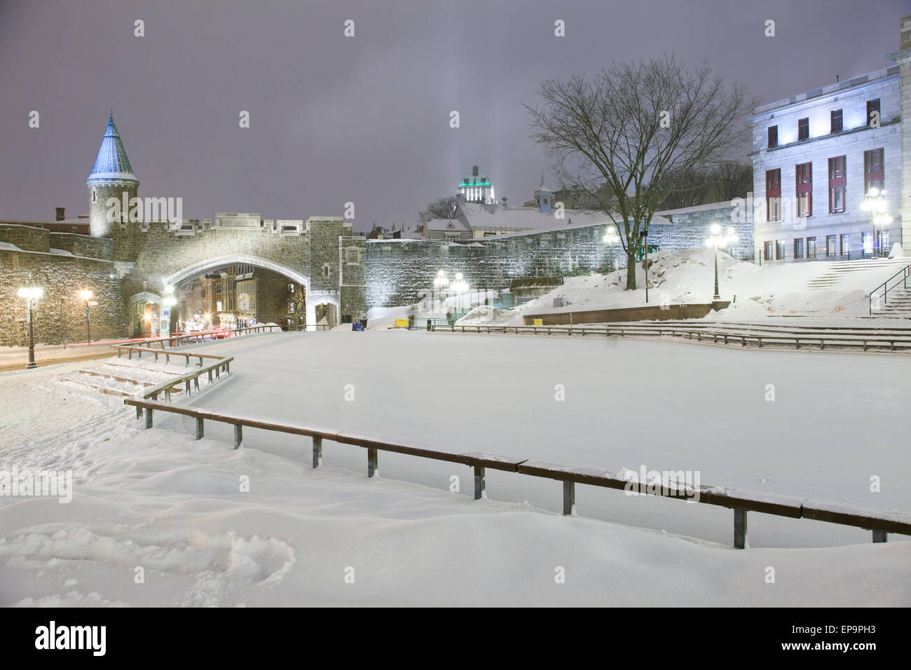 Quebec city landmark. Old fortress in winter. Night scene from Quebec ...