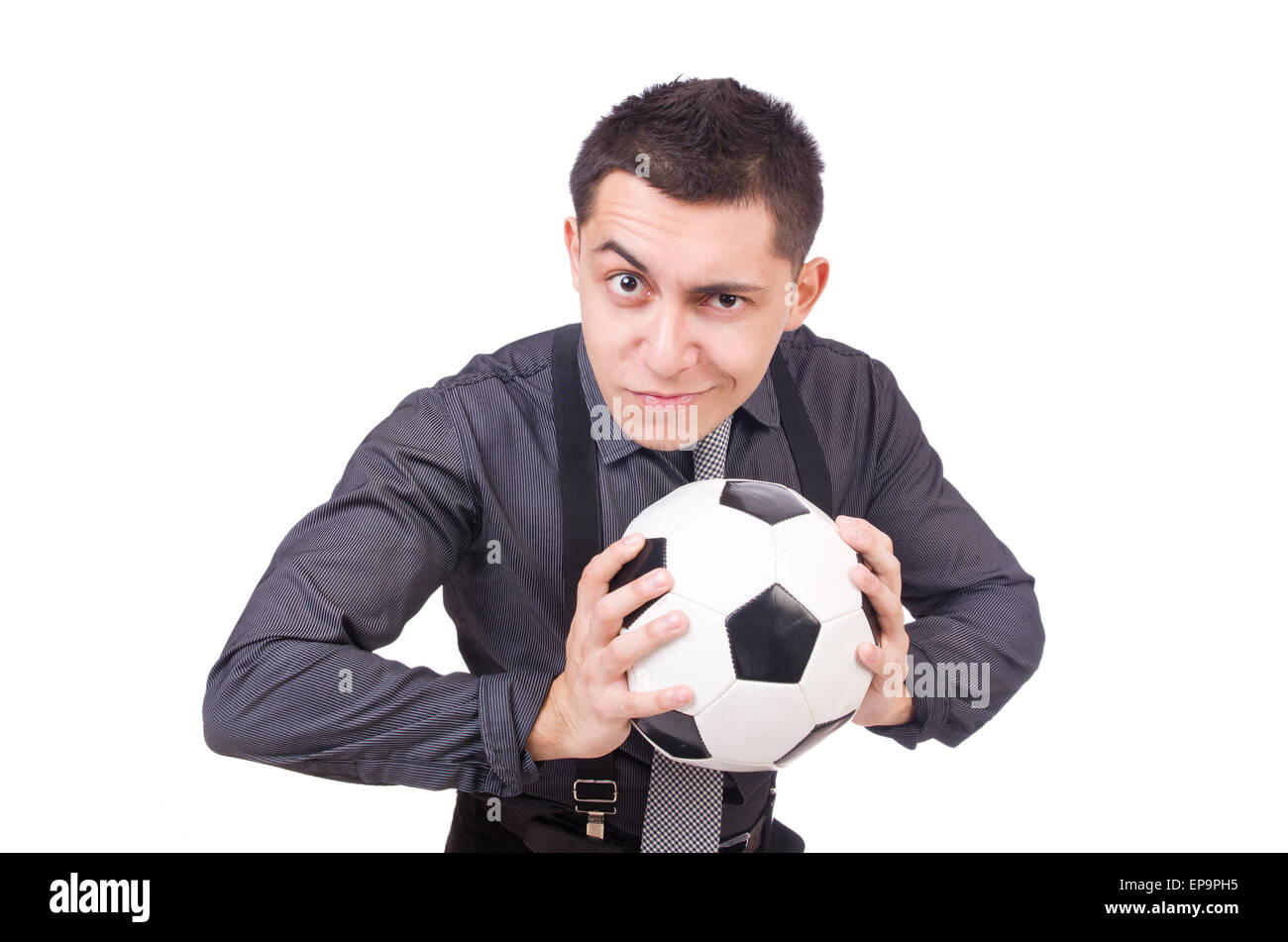 Funny man with football isolated on white Stock Photo - Alamy
