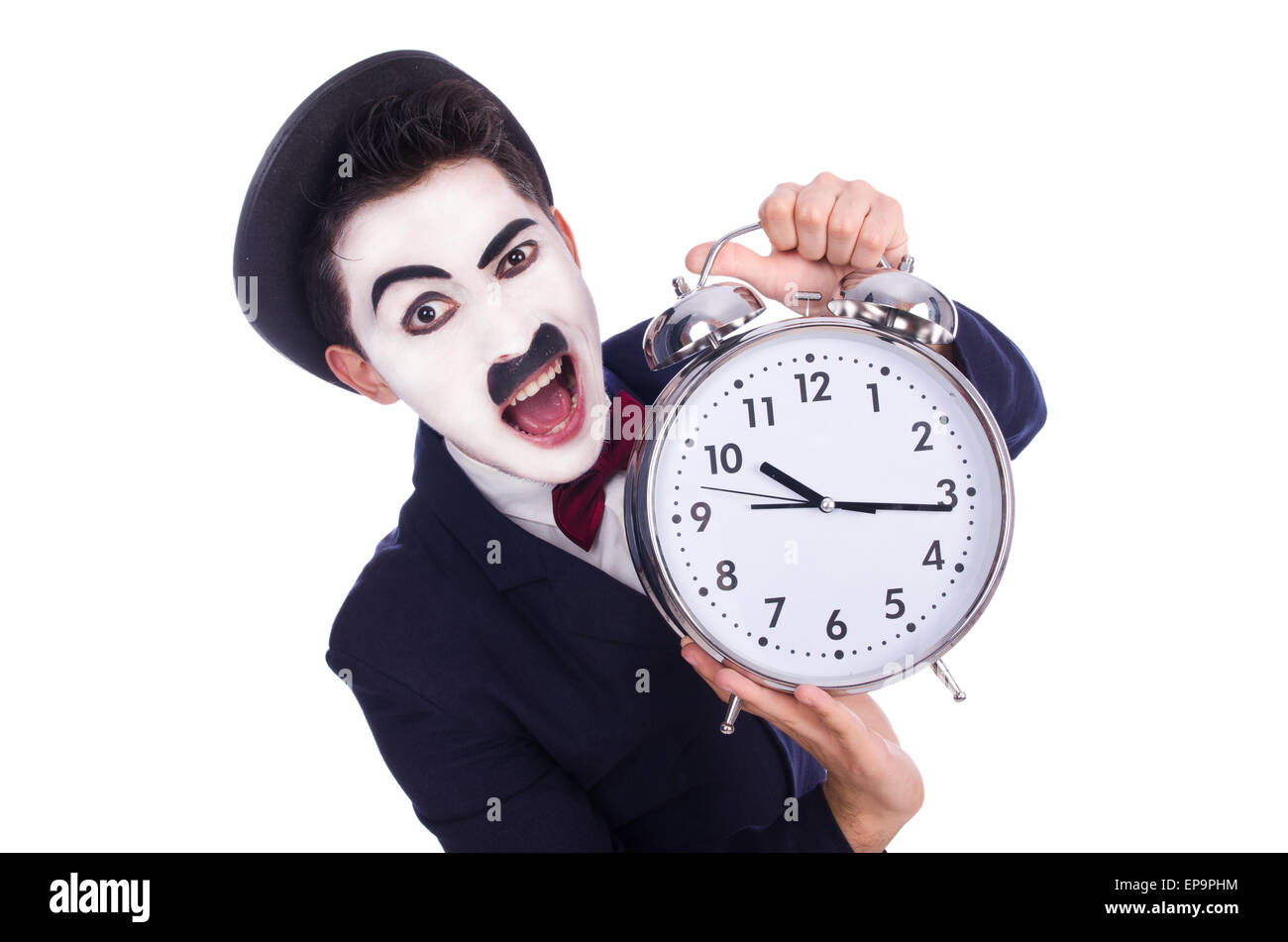Funny man with clock on white Stock Photo - Alamy