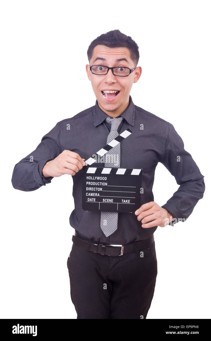 Funny man with movie clapper Stock Photo - Alamy