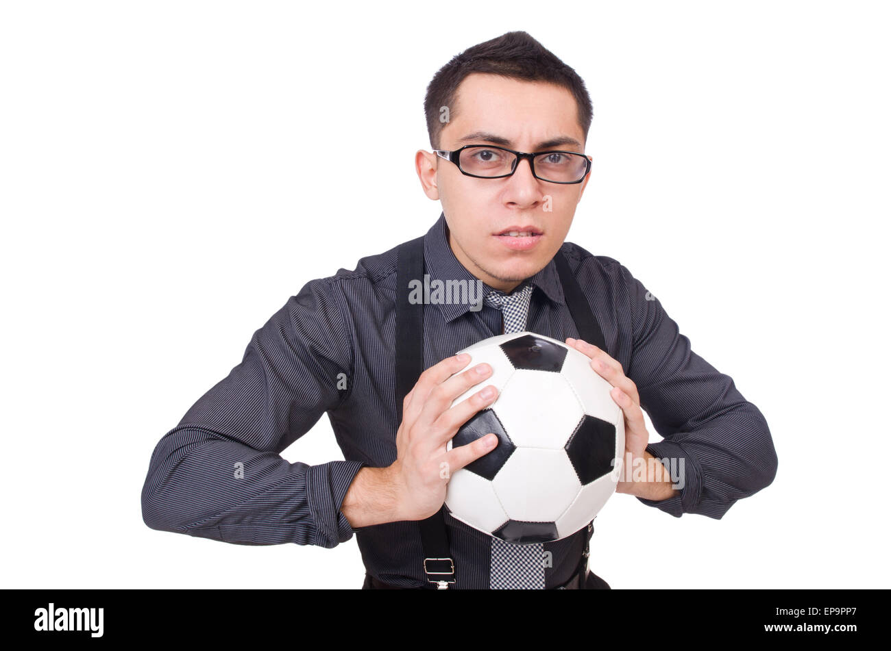 Funny man with football isolated on white Stock Photo - Alamy