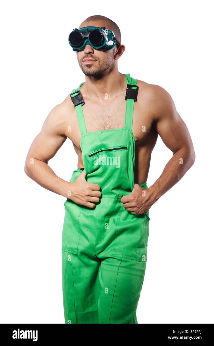 Man in green coveralls with goggles Stock Photo - Alamy