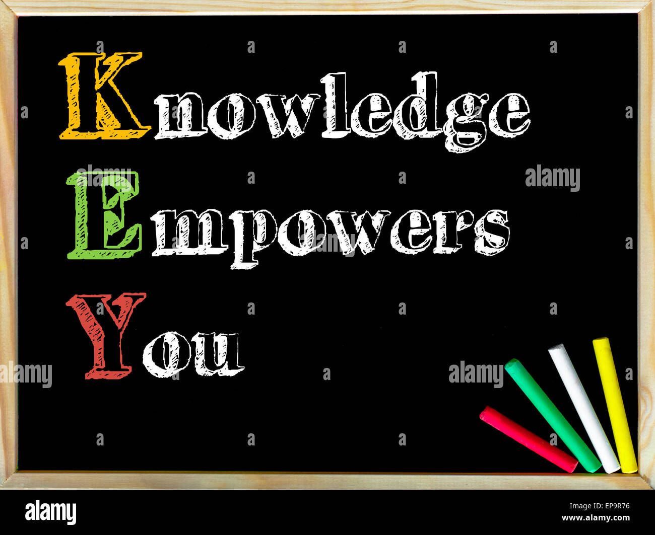 Acronym KEY as KNOWLEDGE EMPOWERS YOU. Written note on wooden frame ...