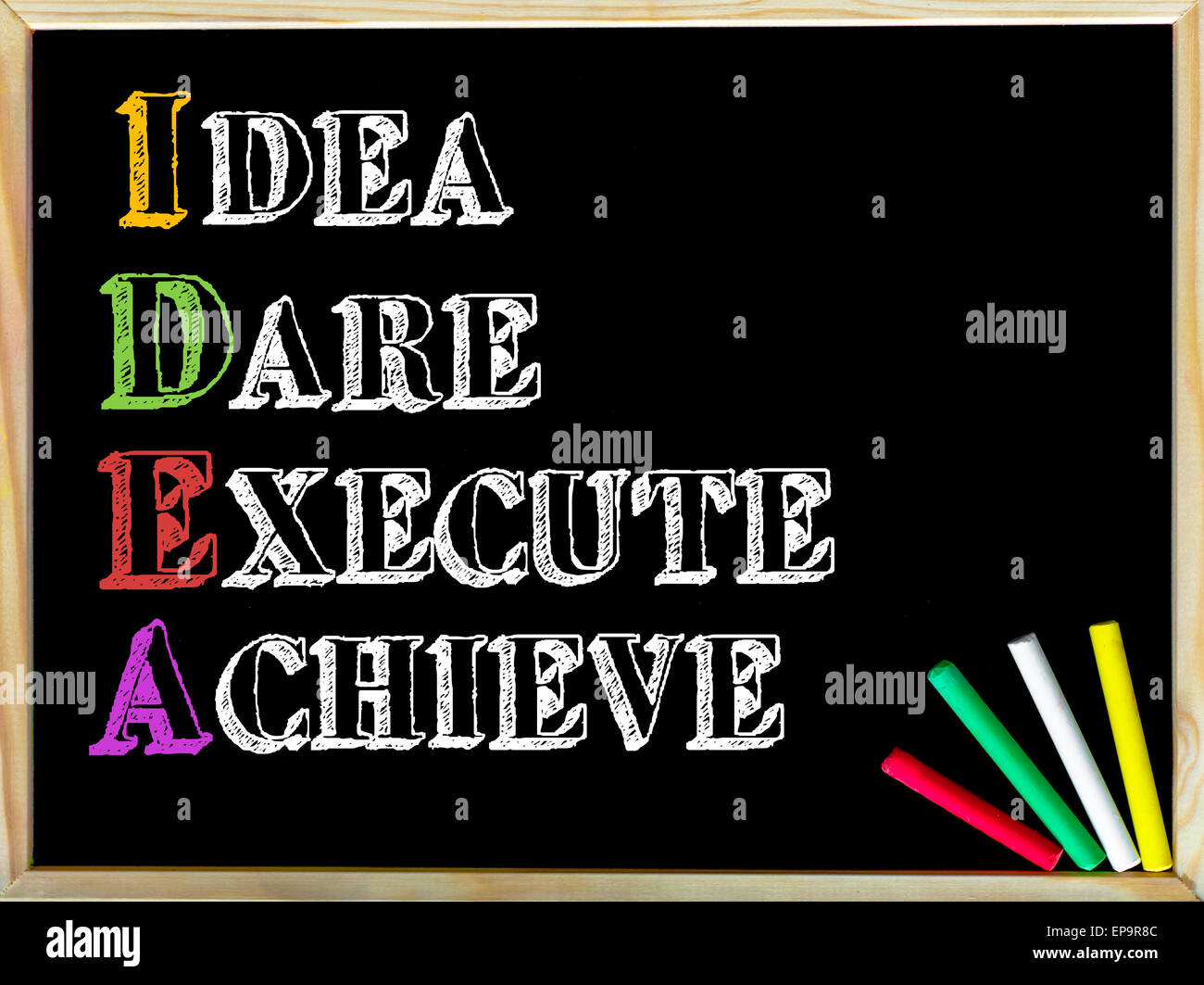 Acronym IDEA as IDEA, DARE, EXECUTE, ACHIEVE. Written note on wooden ...