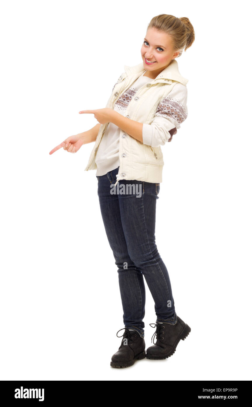 Young smiling girl shows pointing gesture isolated Stock Photo - Alamy