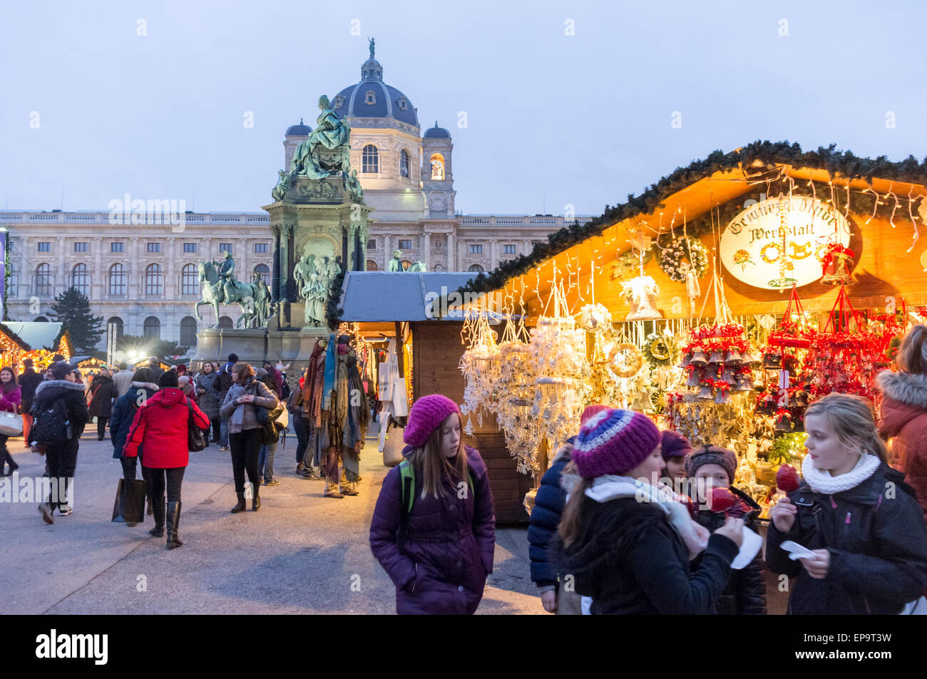 Christmas market at Maria Theresien Platz at dusk in Vienna, Austria ...