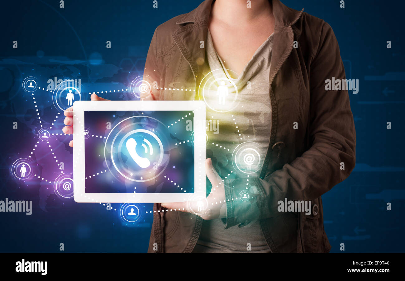 Woman showing social networking technology with colorful lights Stock ...