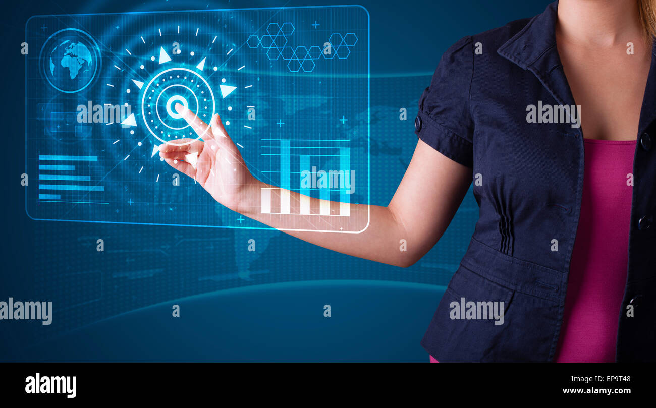 Woman pressing high tech type of modern buttons Stock Photo - Alamy
