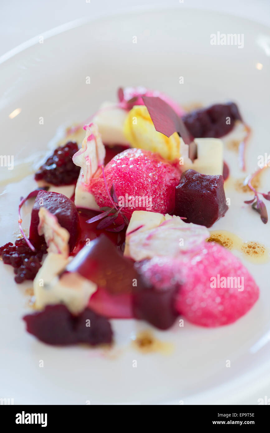 Textures of Beetroot with blue cheese panna cotta Stock Photo - Alamy