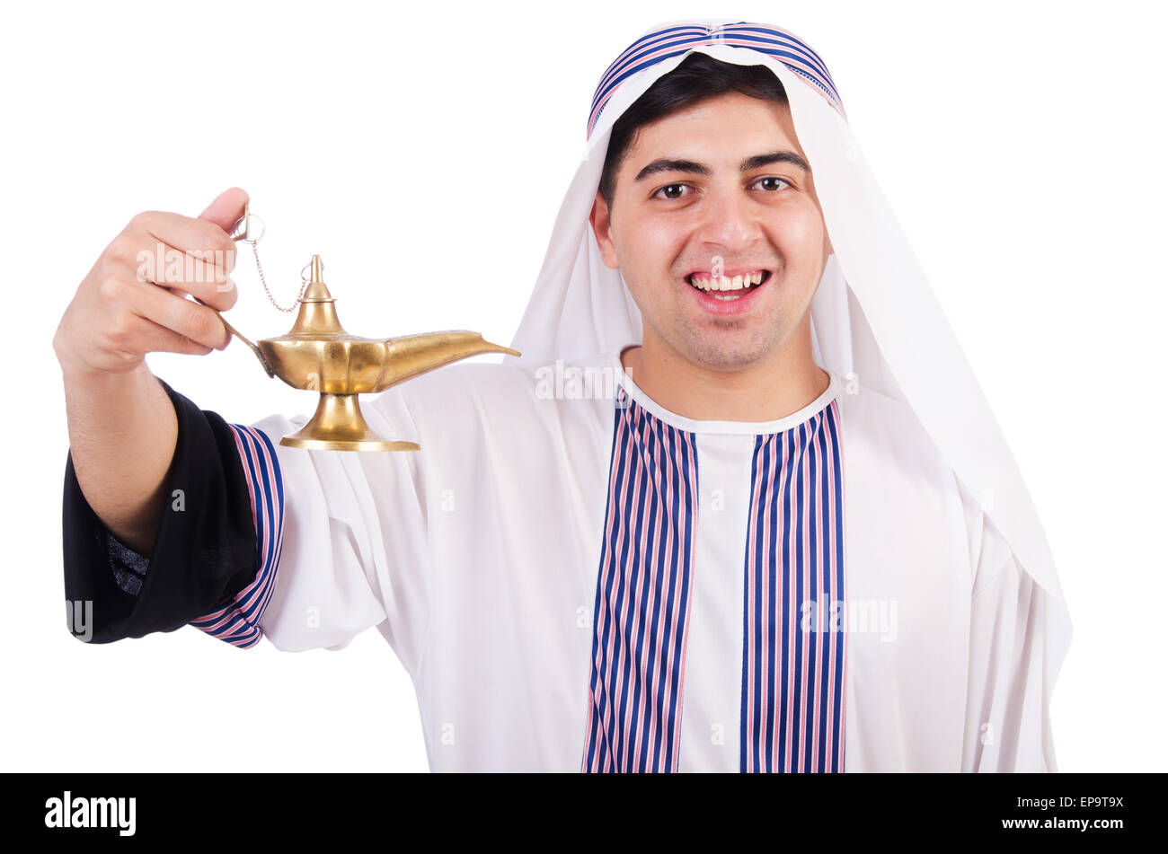 Arab man with lamp isolated on white Stock Photo - Alamy