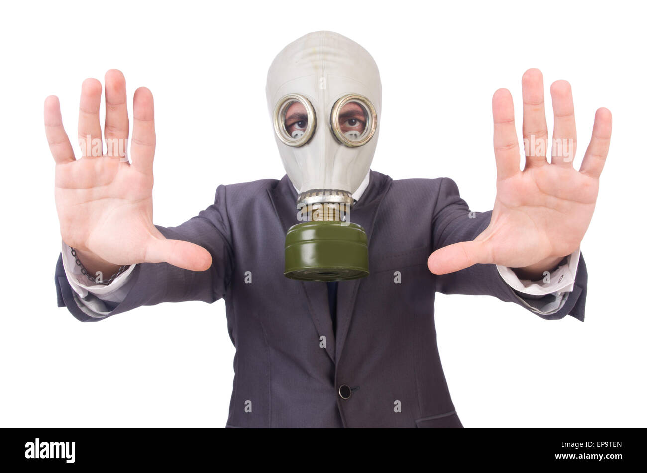 Businessman wearing gas mask isolated on white Stock Photo - Alamy