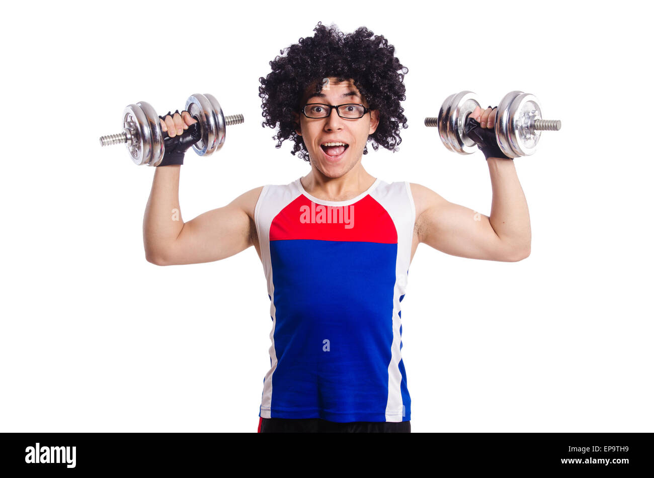 Funny man exercising with dumbbells Stock Photo - Alamy