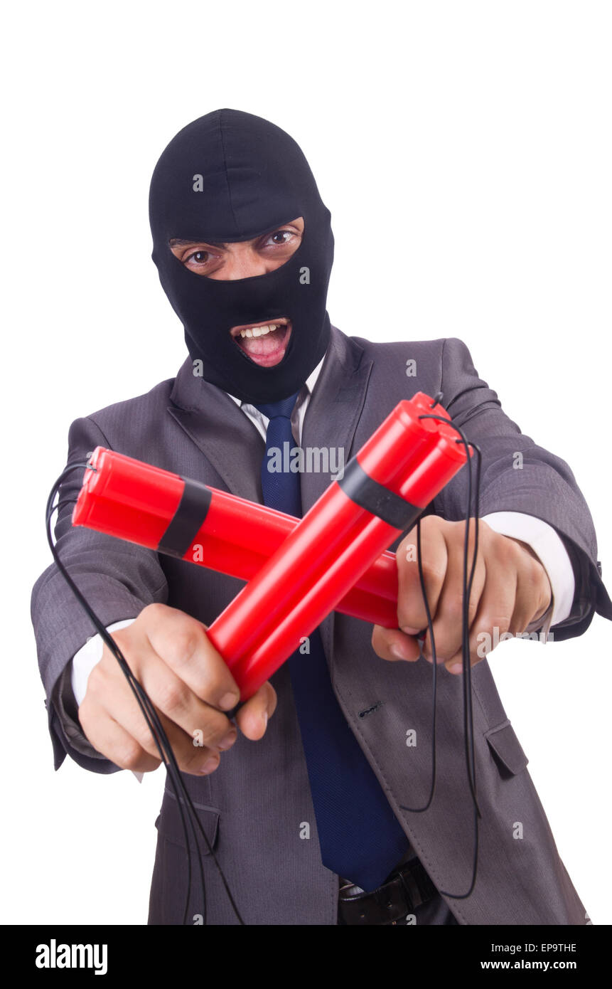 Terrorist with dynamite isolated on white Stock Photo - Alamy