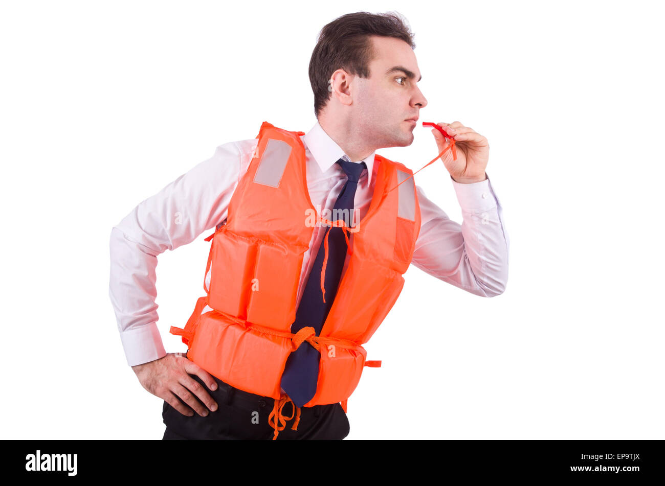 Man in life jacket isolated on white Stock Photo - Alamy