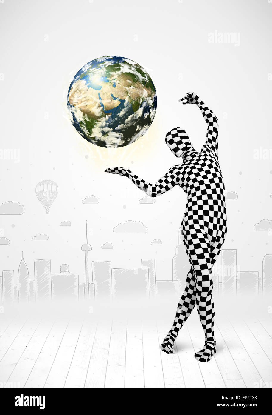 man in full body suit holding planet earth Stock Photo - Alamy