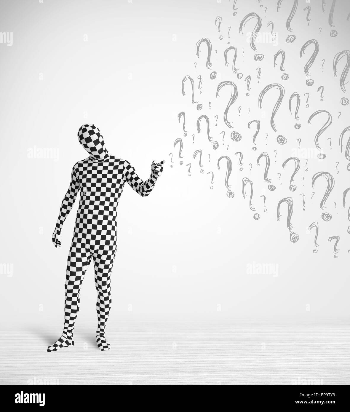 3d human character is body suit looking at hand drawn question marks ...