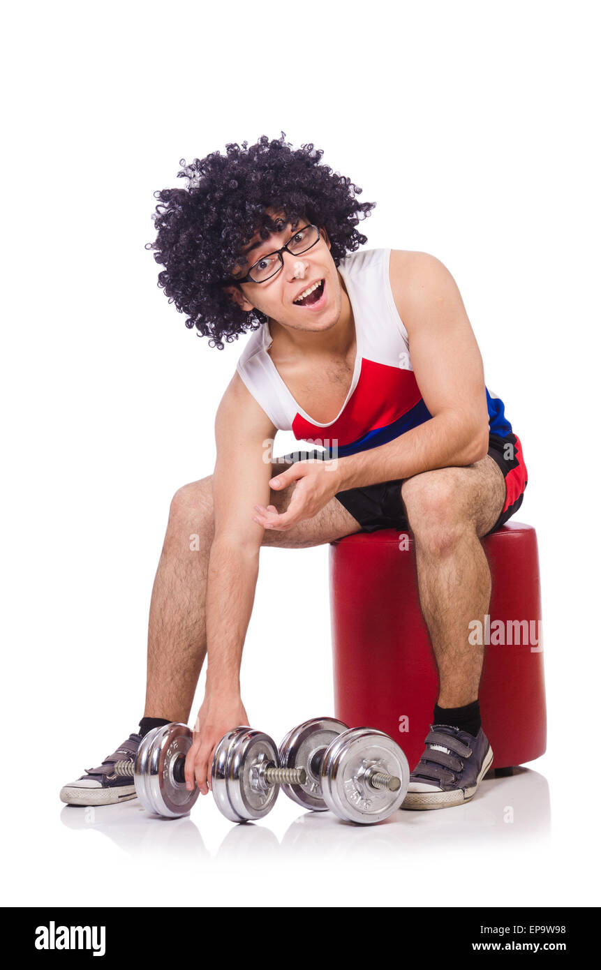 Funny man exercising with dumbbells Stock Photo - Alamy