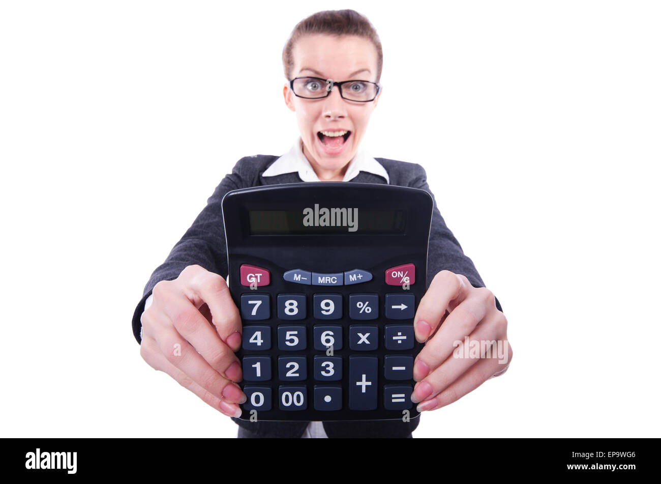 Funny accountant isolated on the white background Stock Photo - Alamy