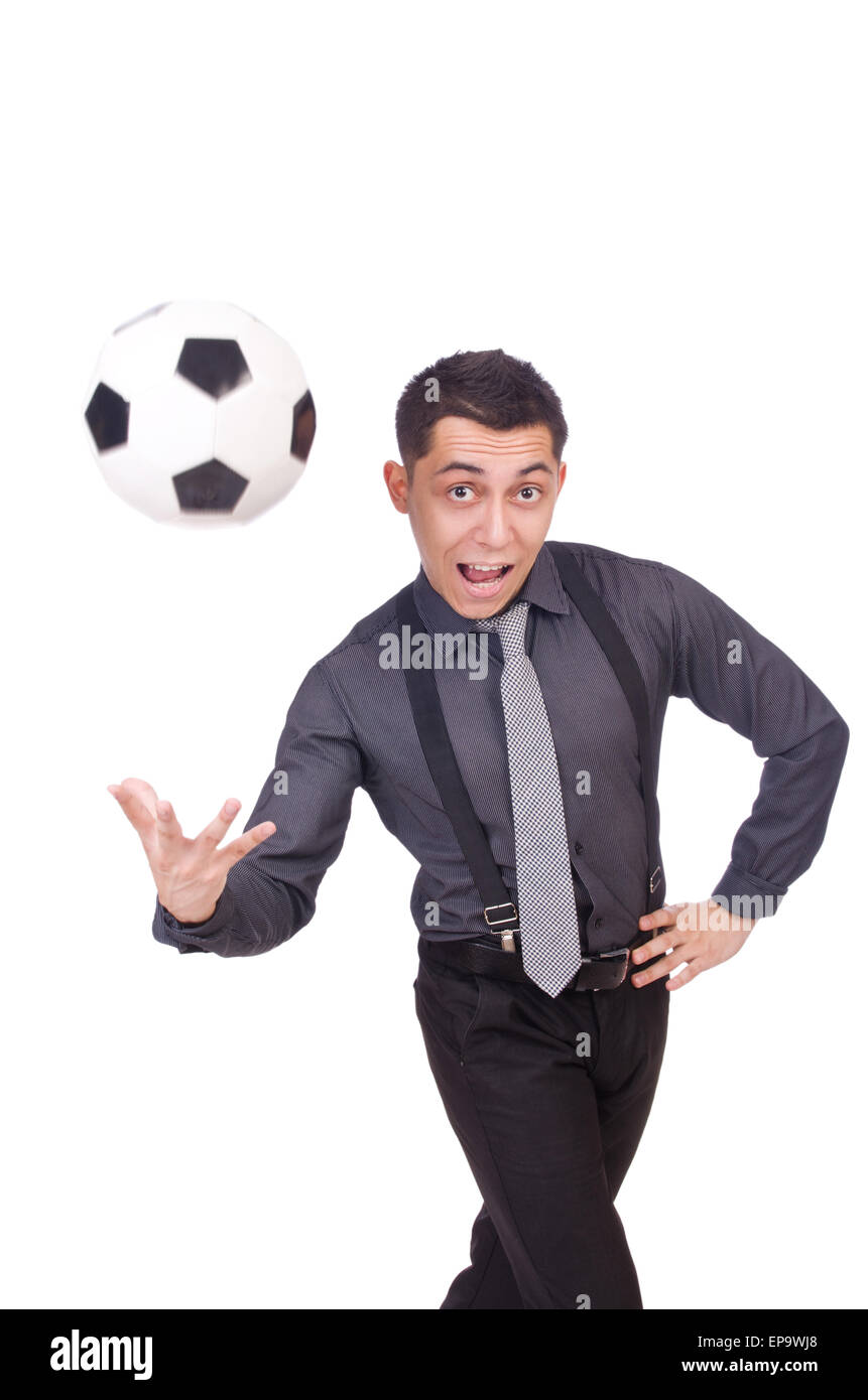 Funny man with football isolated on white Stock Photo - Alamy