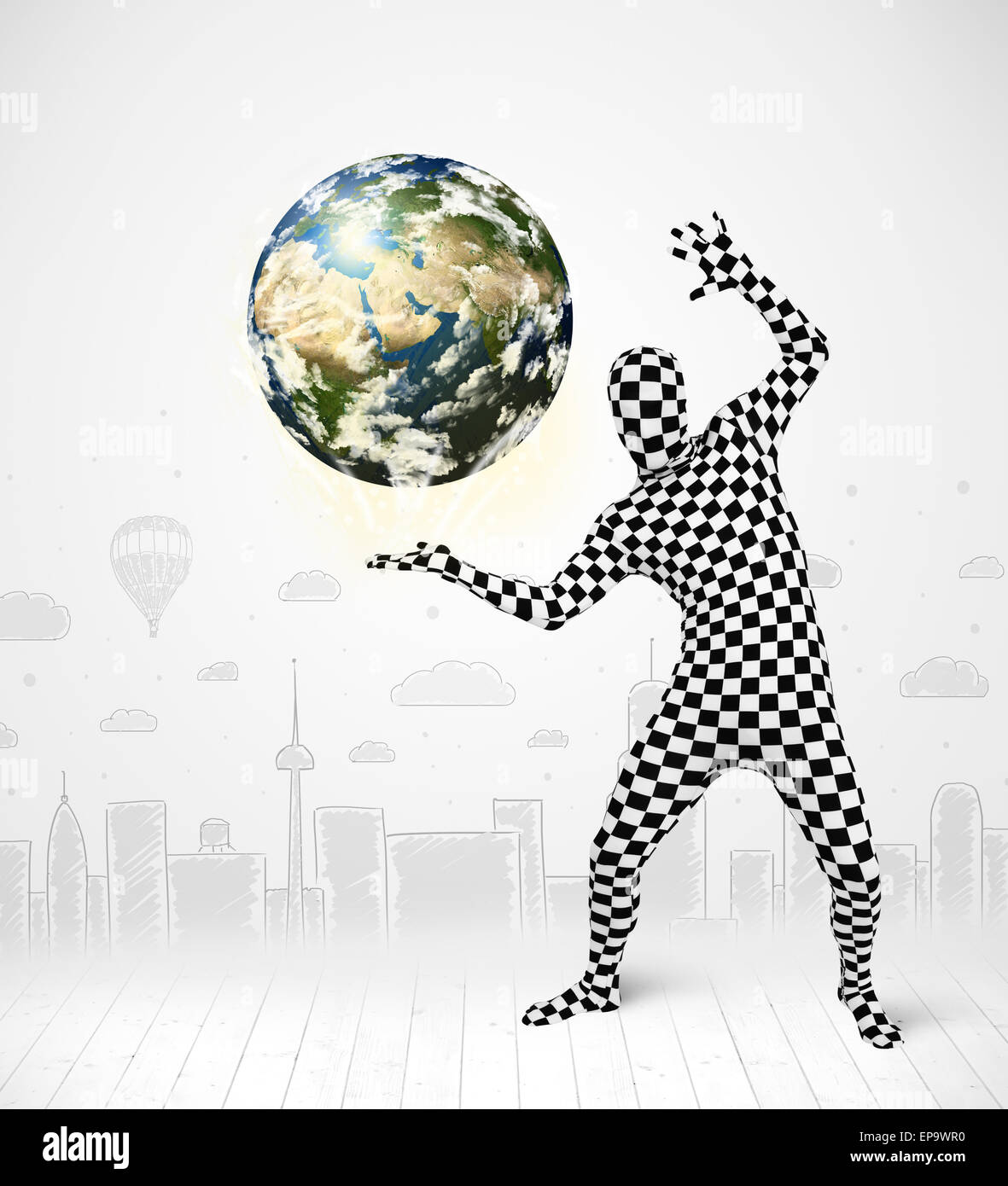 man in full body suit holding planet earth Stock Photo - Alamy