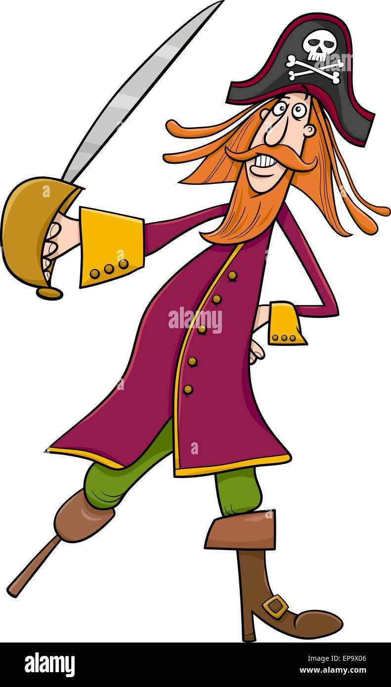 Cartoon Illustration of Funny Pirate or Corsair Captain with Saber and ...