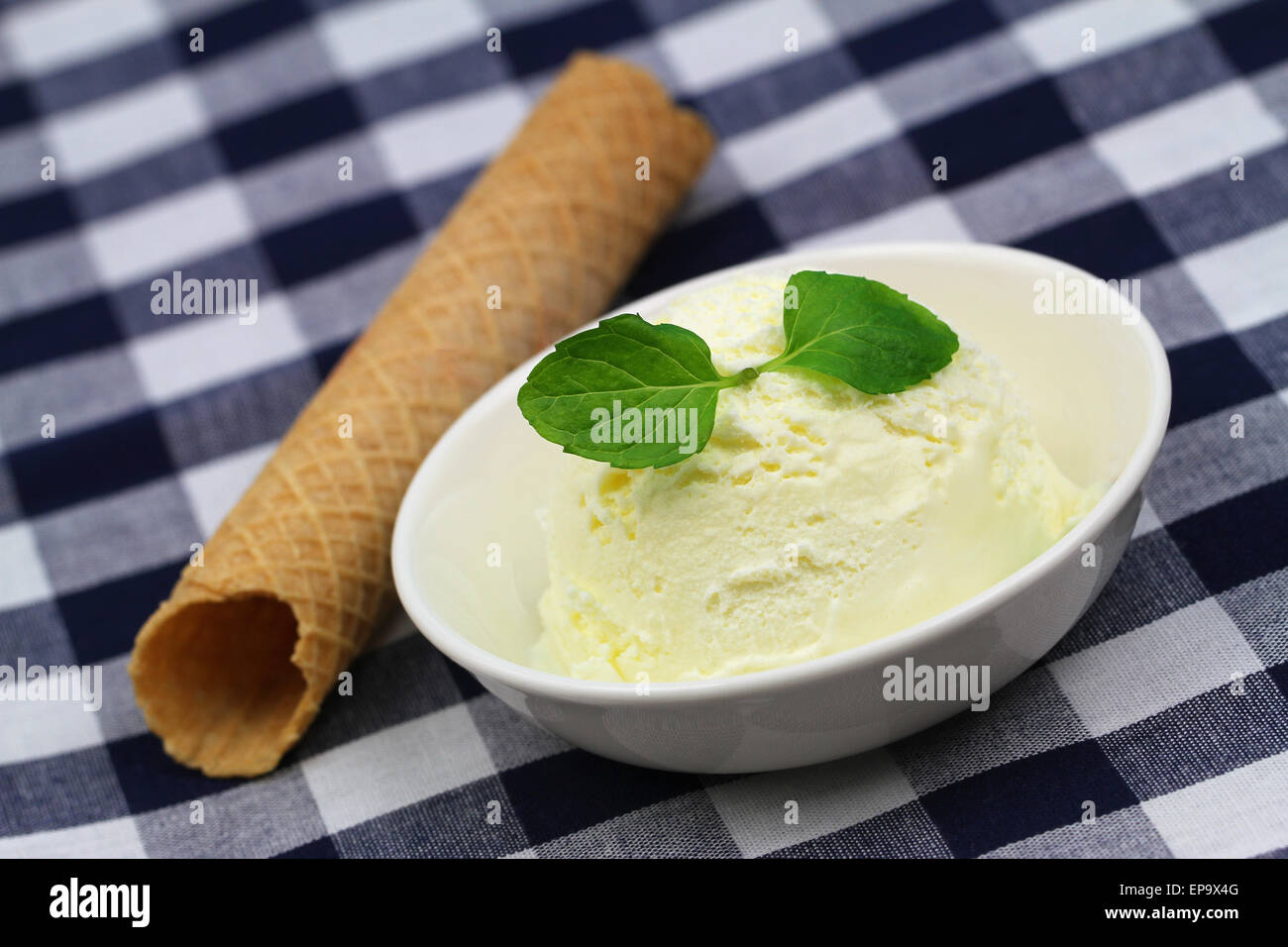 Vanilla ice cream garnished with organic mint and wafer on checkered ...