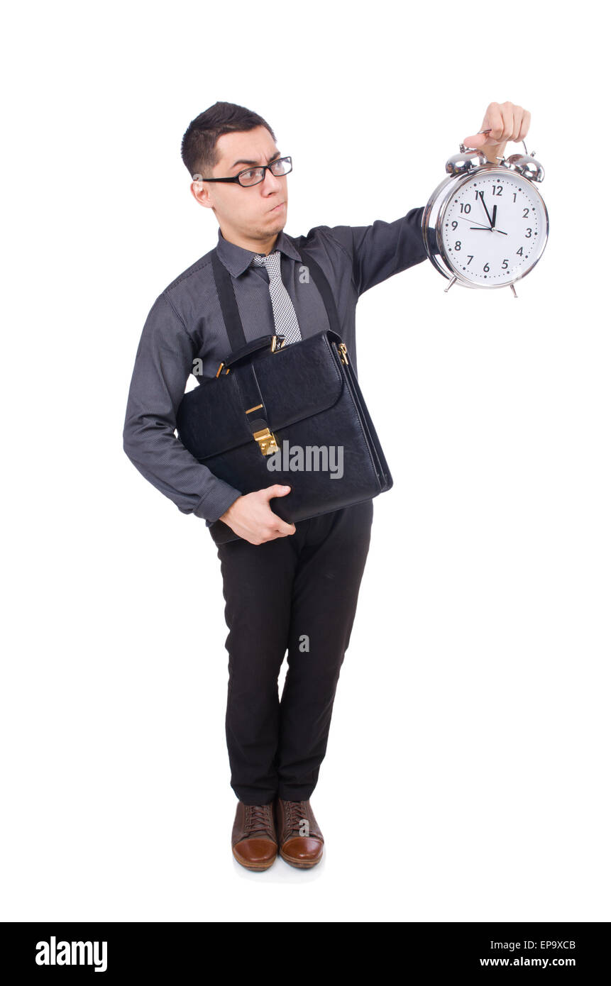 Funny businessman with clock isolated on white Stock Photo - Alamy