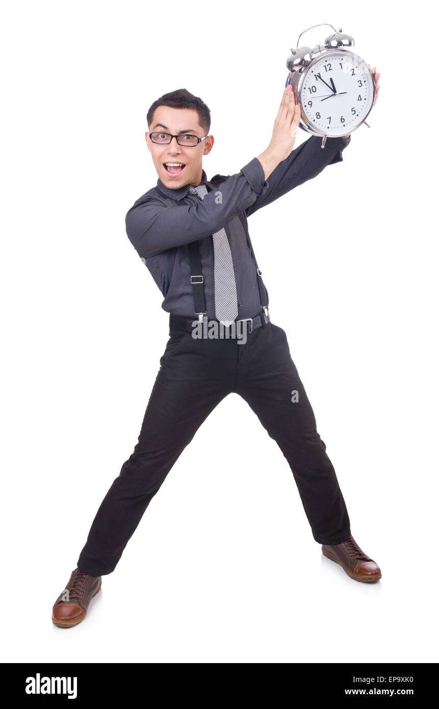 Funny businessman with clock isolated on white Stock Photo - Alamy