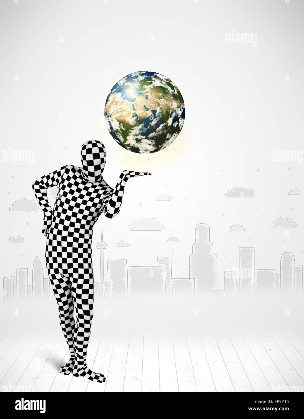 man in full body suit holding planet earth Stock Photo - Alamy