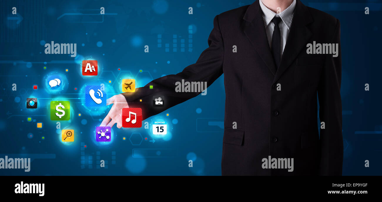 Businessman pressing various collection of buttons Stock Photo - Alamy