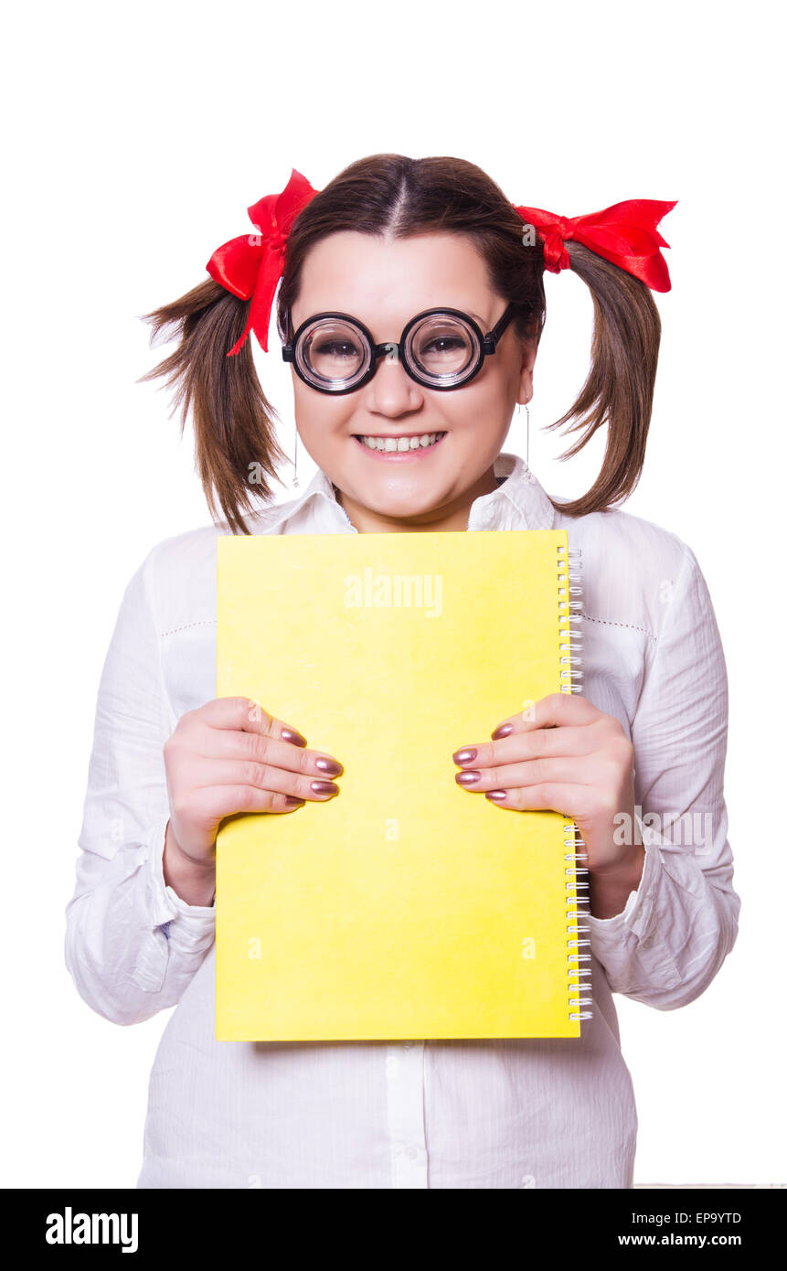 Funny girl with book on white Stock Photo - Alamy