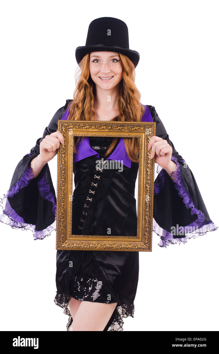 Woman with picture frame on white Stock Photo - Alamy
