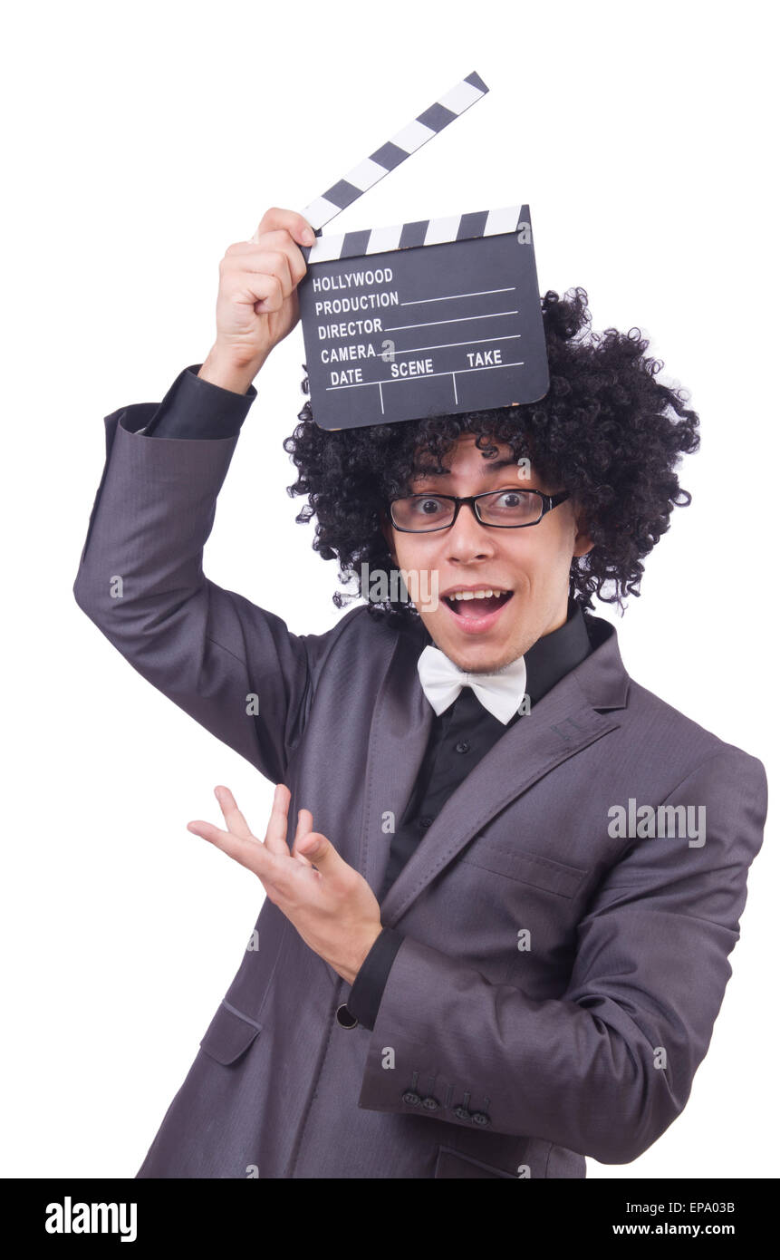 Man with movie clapper isolated on white Stock Photo - Alamy