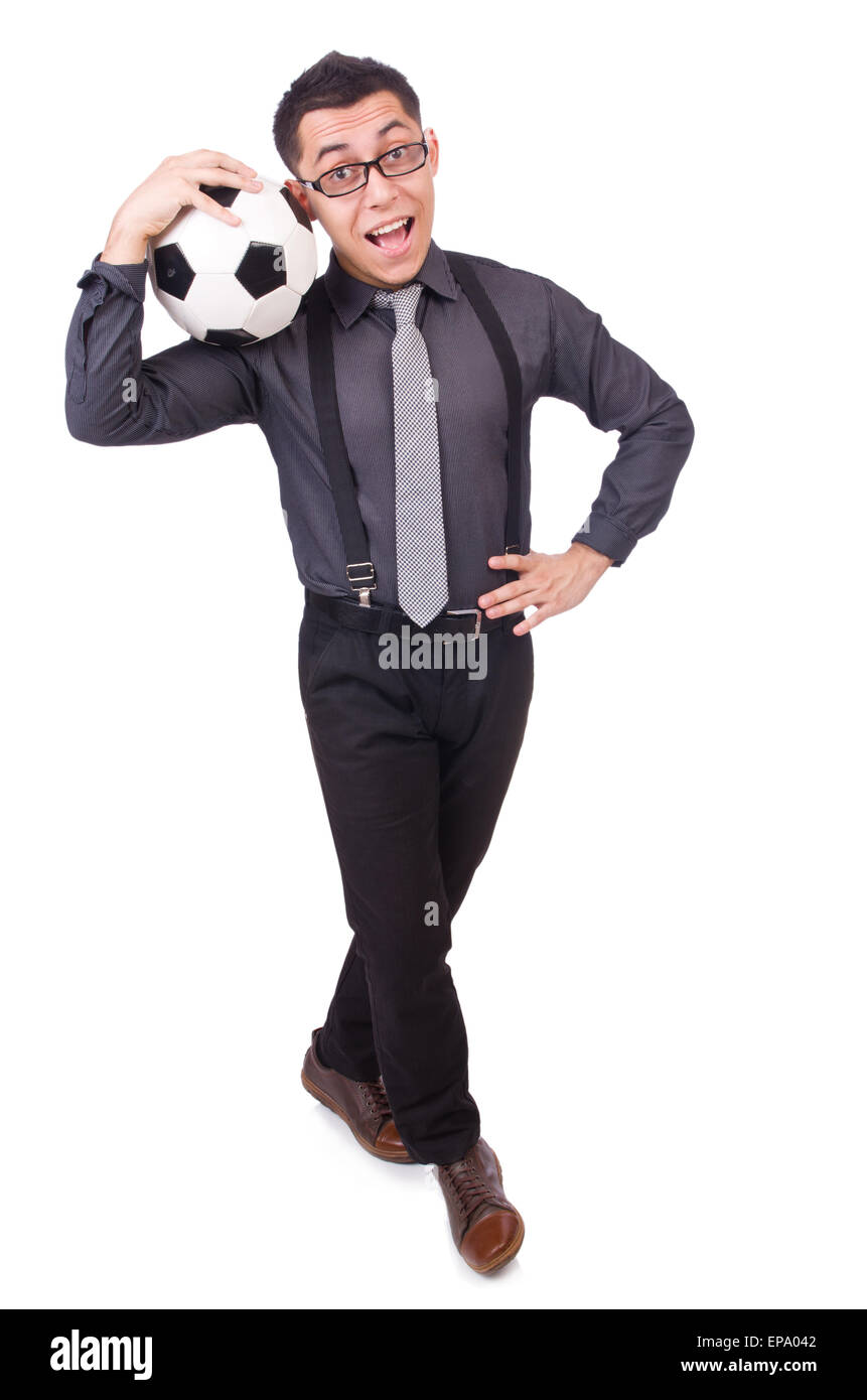 Funny man with football isolated on white Stock Photo - Alamy