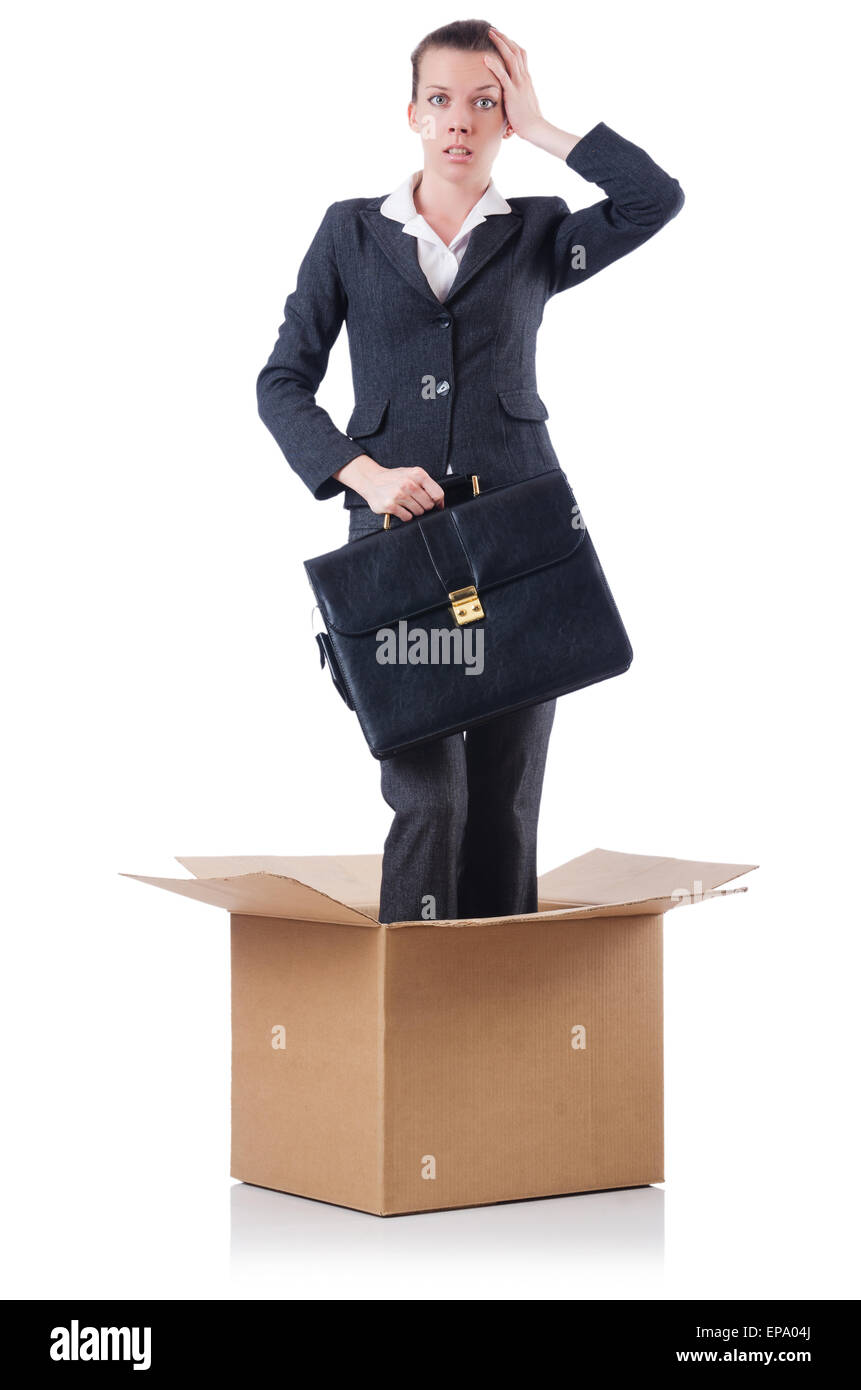 Woman with boxes on white Stock Photo - Alamy